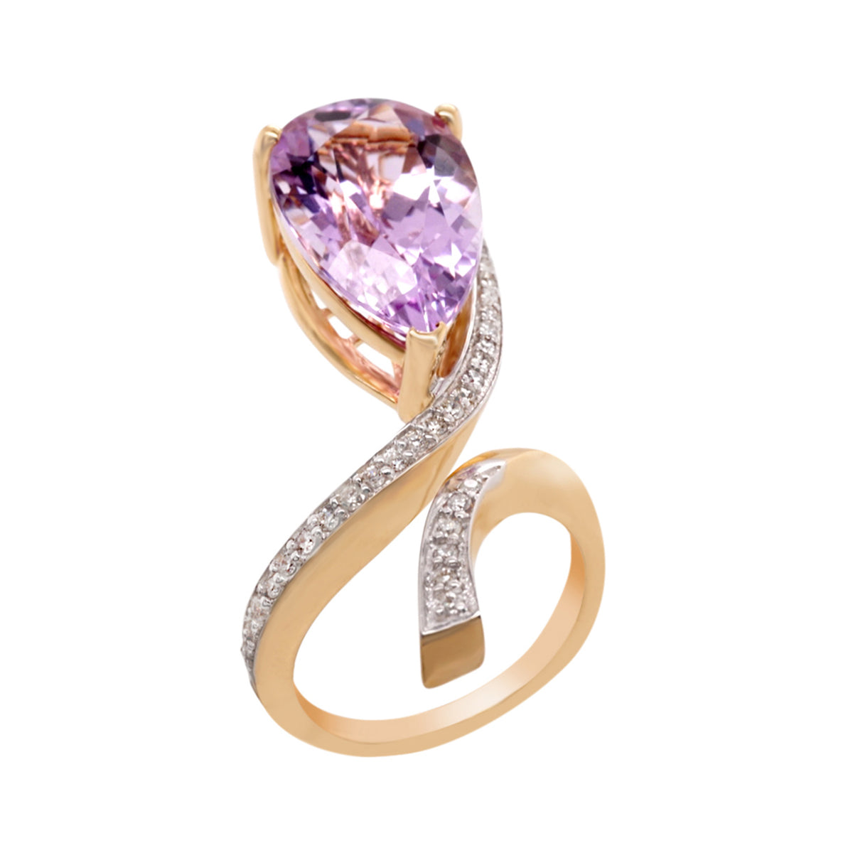 Tear Drop Pear Cut 10.5Ct Kunzite Ring With 0.27Tct Diamond Pave 14Kt & Gem Bleu